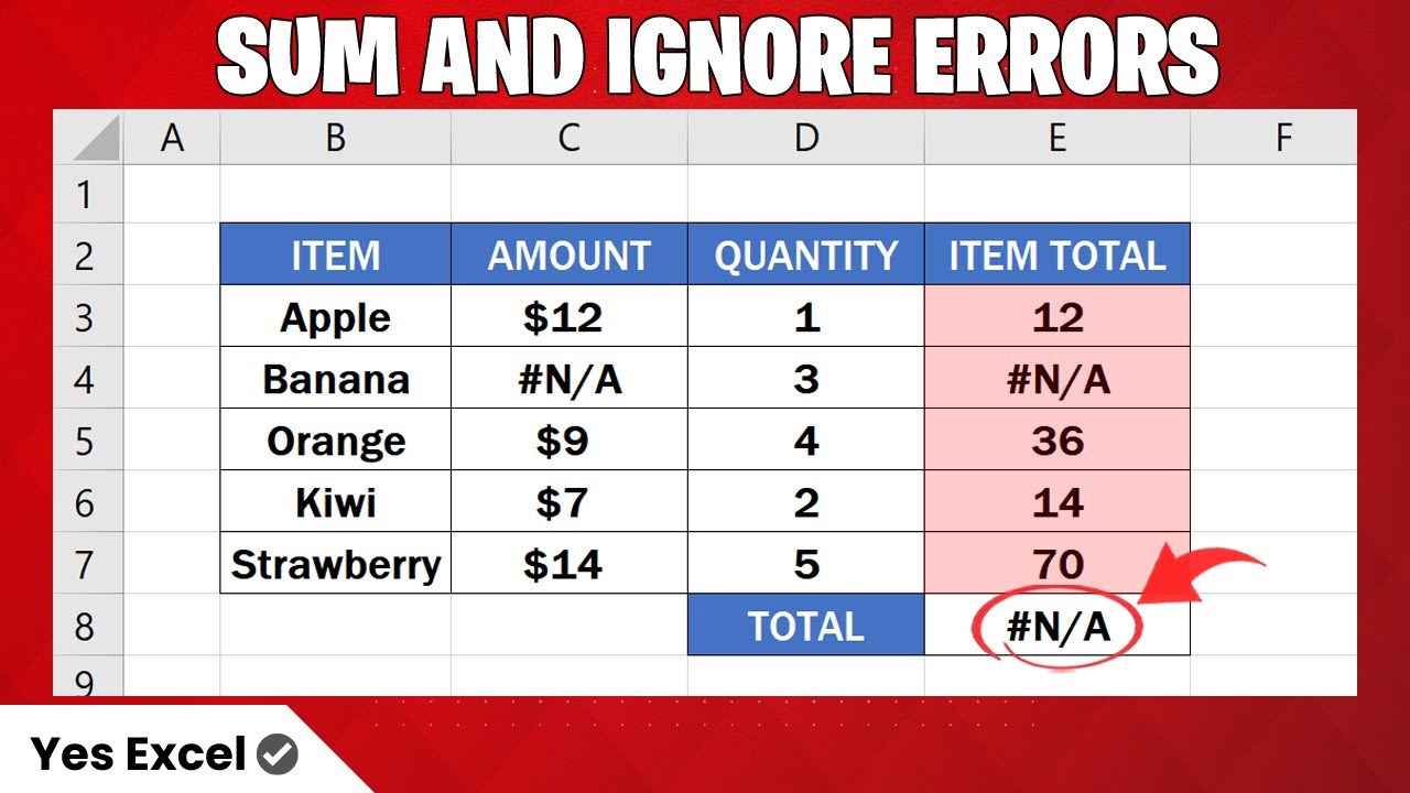 Sum And Ignore Errors In Excel Youtube