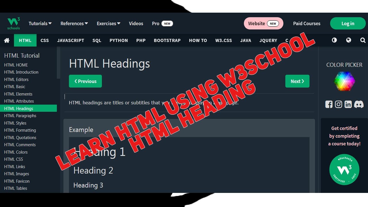 Learn Html Using W3school Html Heading Part 7 Youtube