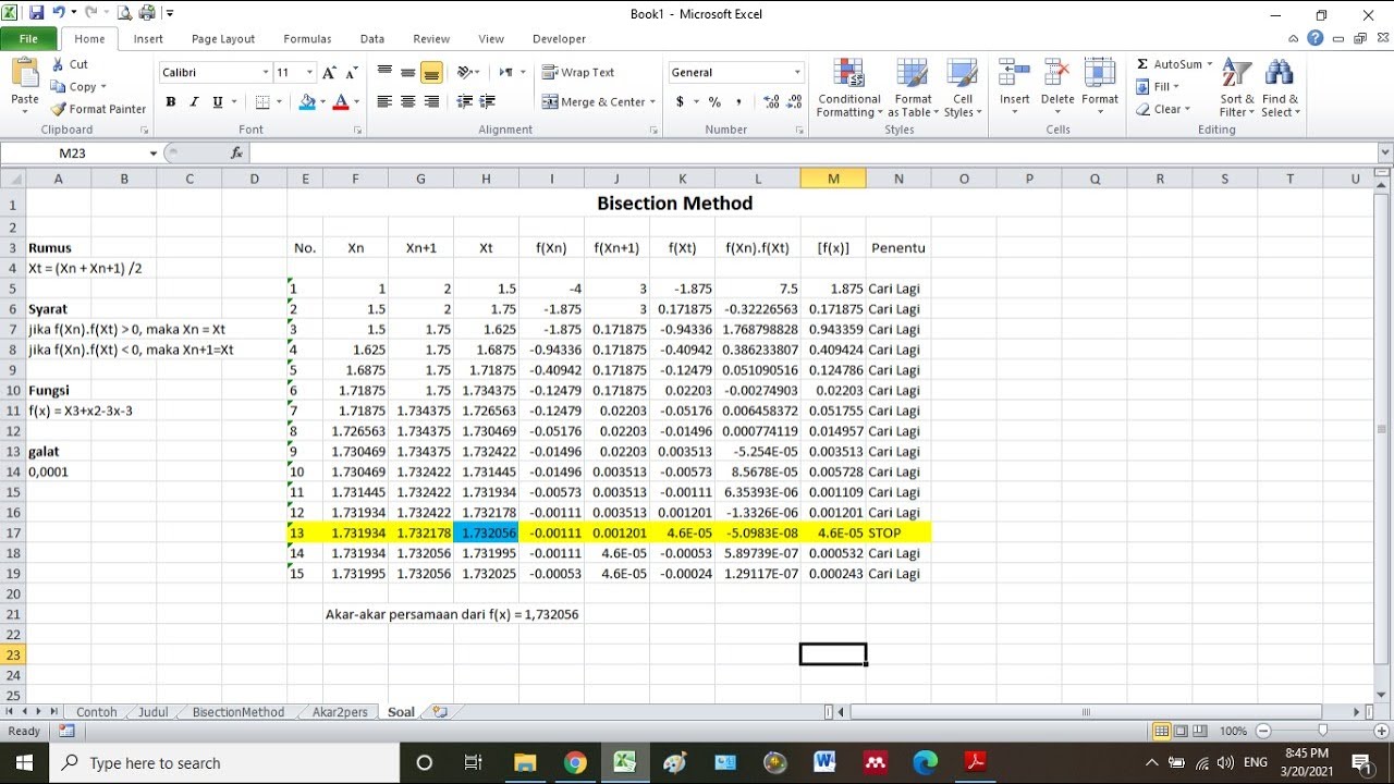 Metode Numerik Bisection Method Menggunakan Microsoft Excel Youtube