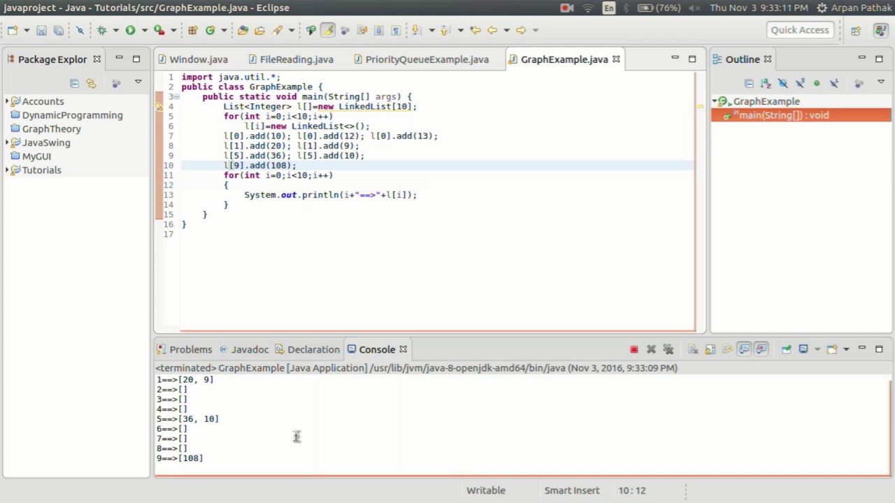 Graph Using Adjacency List In Java Youtube
