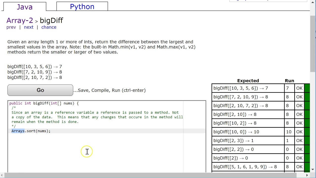 Coding Bat Solutions Arrays 2 Bigdiff Approach 1 Youtube