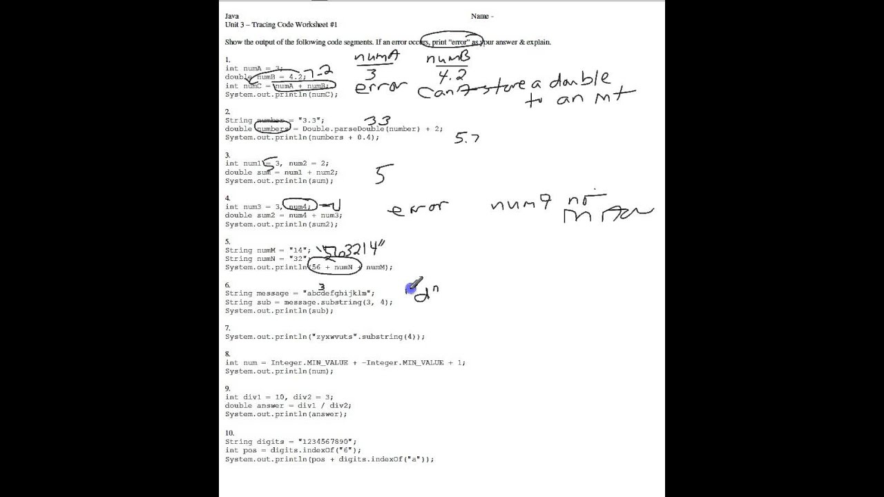 Java Tracing Code Worksheet 1 Youtube