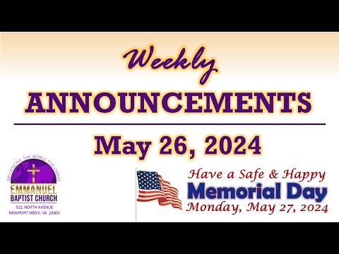 Weekly Announcements 5 26 24 Youtube