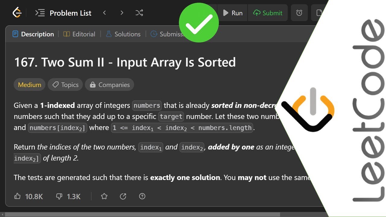 167 Two Sum Ii Two Pointer Approach Input Array Is Sorted