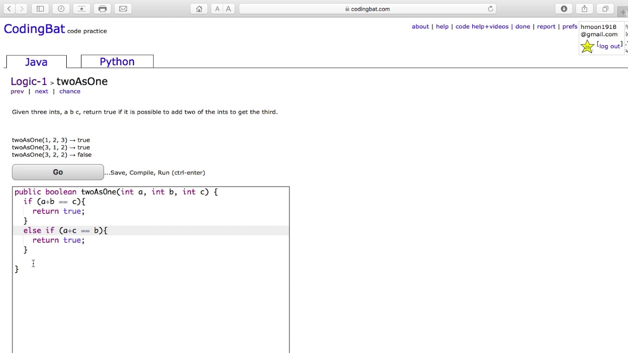 Logic 1 Twoasone Java Tutorial Codingbat Com Youtube