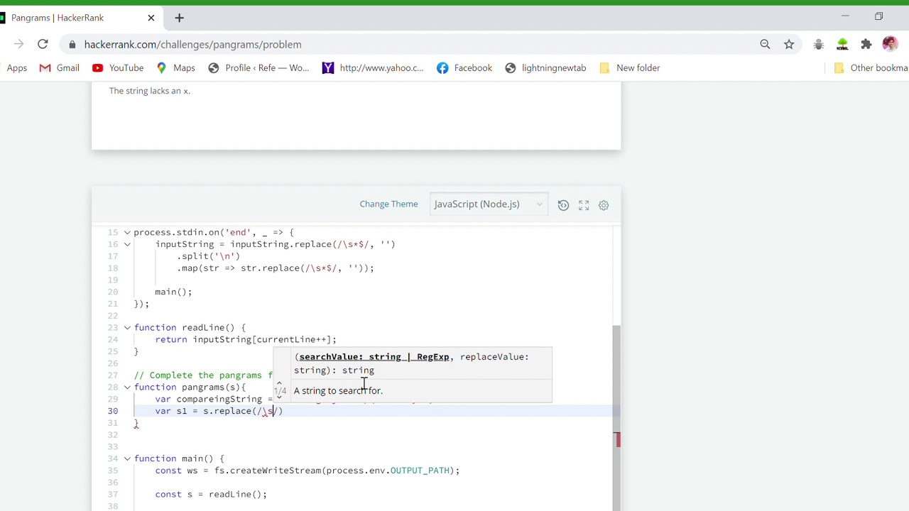Hackerrank Solution Pangrams In Javascript Youtube