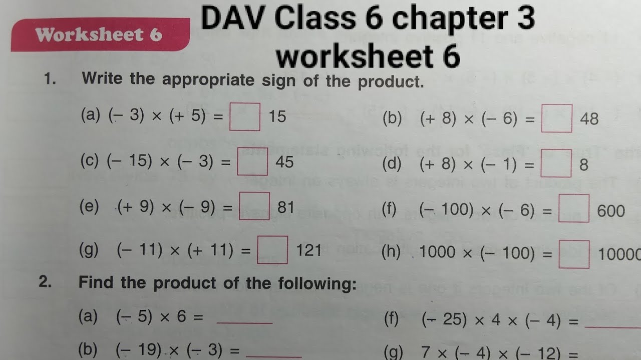 Dav Class 6 Maths Chapter 3 Worksheet 6 Class 6 Math Chapter 3
