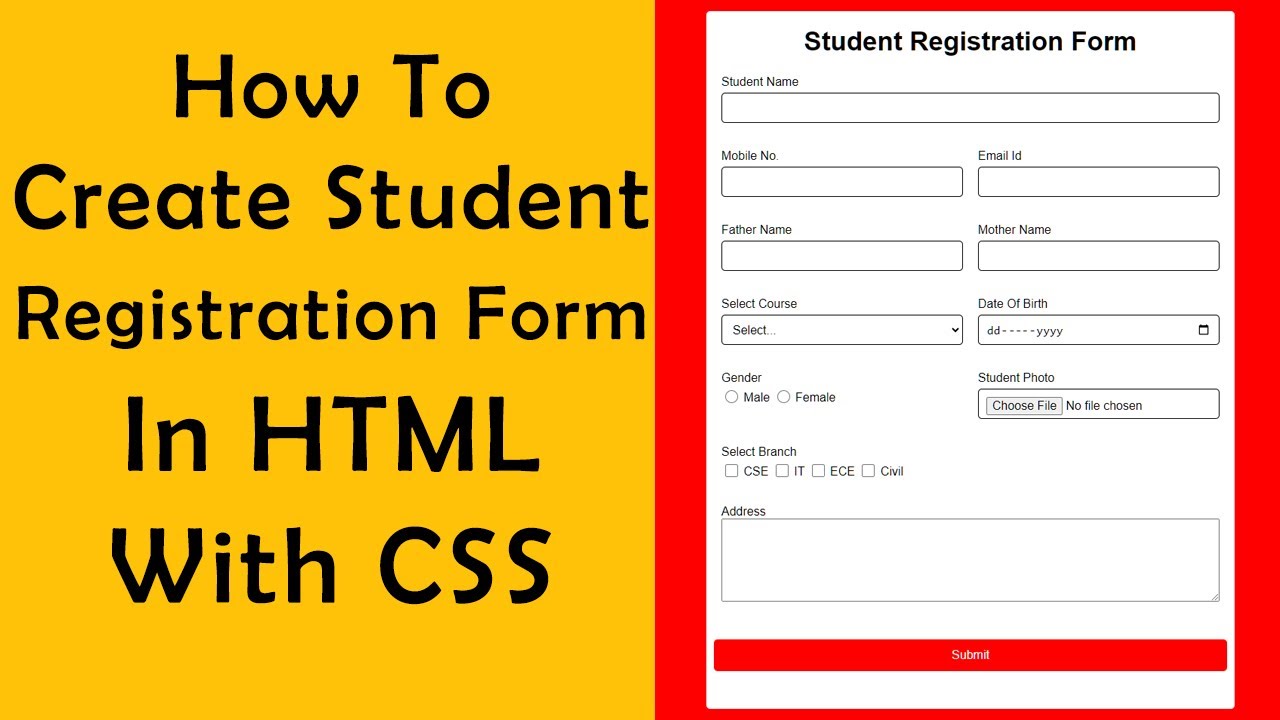 How To Create Student Registration Form In Html With Css Youtube