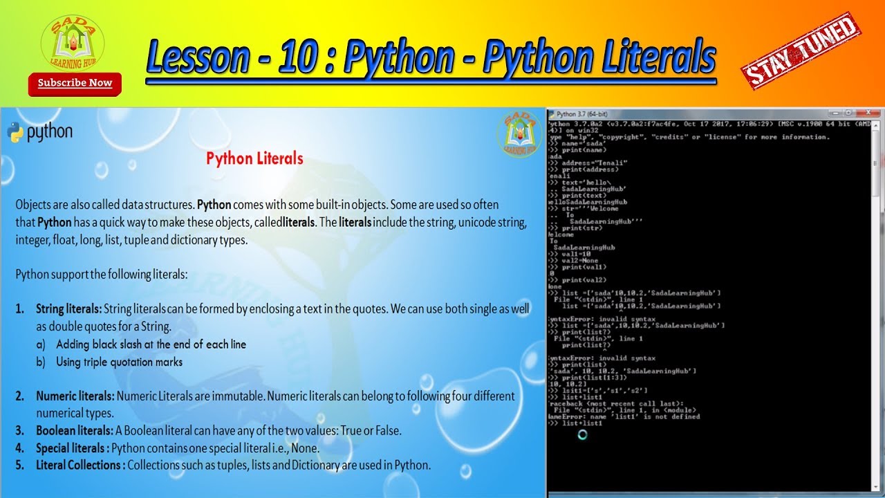 Lesson 10 Python3 Python Literals Youtube