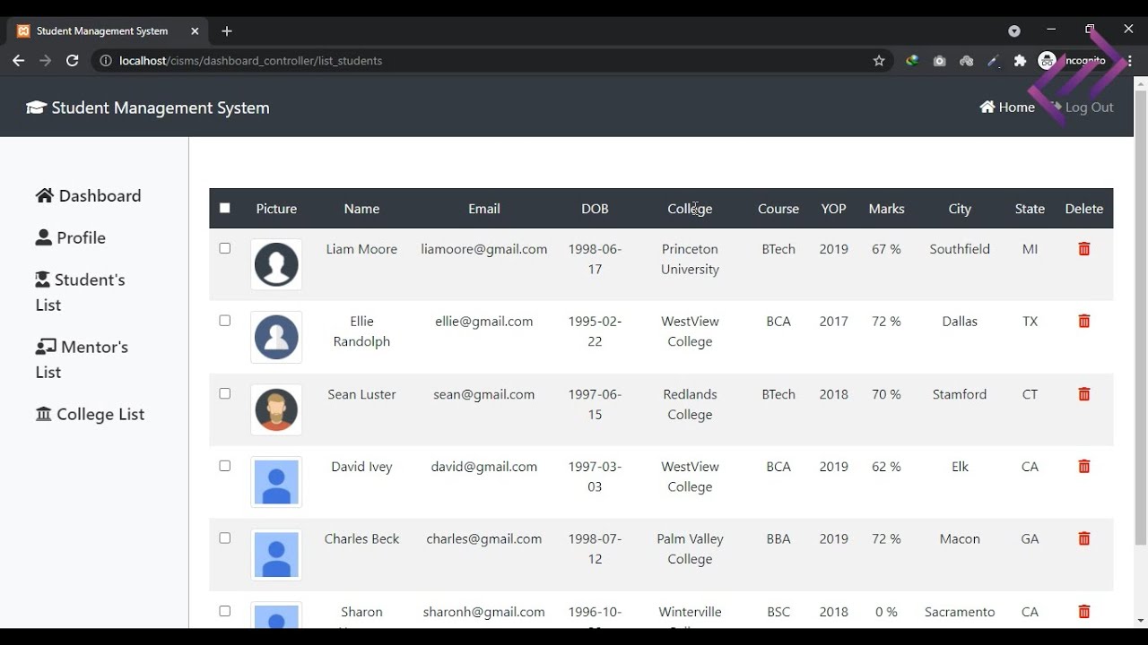 Student Management System In Php Mysql Codeigniter With Source Code