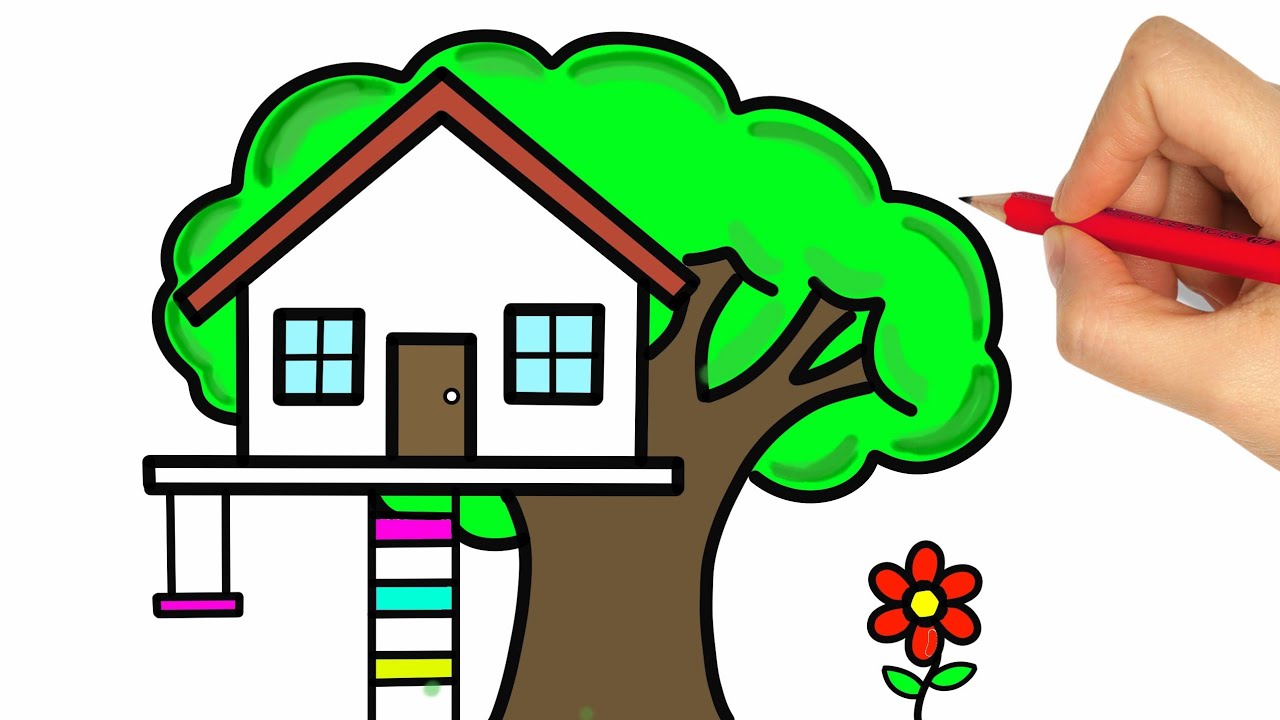 How To Draw A Spring Tree House Easy Youtube