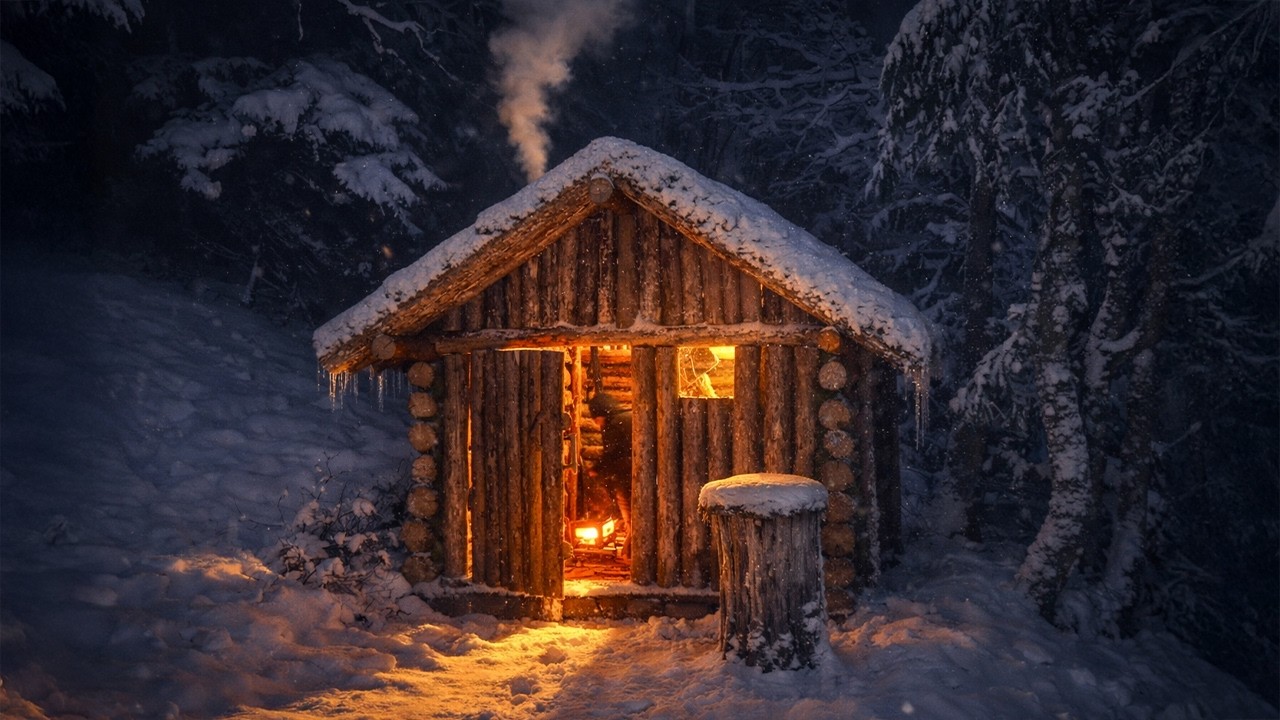 Winter Camping In Remote Survival Cabin Solo Overnight In Snowfall