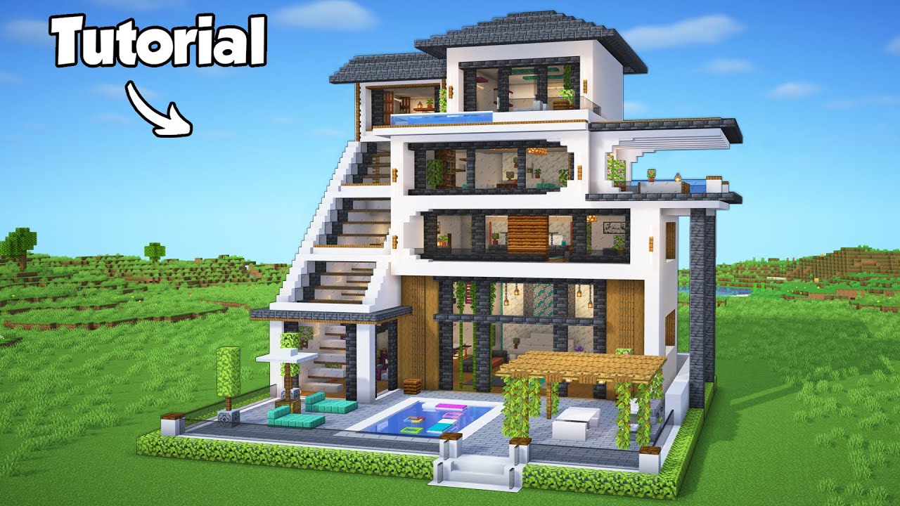 Minecraft House Tutorial Modern Mansion Design Tutorial In Comments