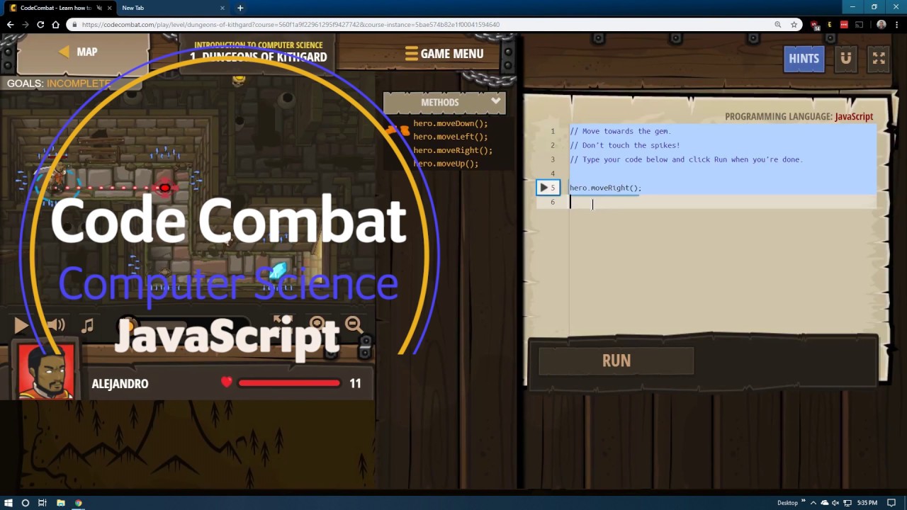 Code Combat Level 1 Dungeons Of Kithgard Javascript Tutorial Youtube