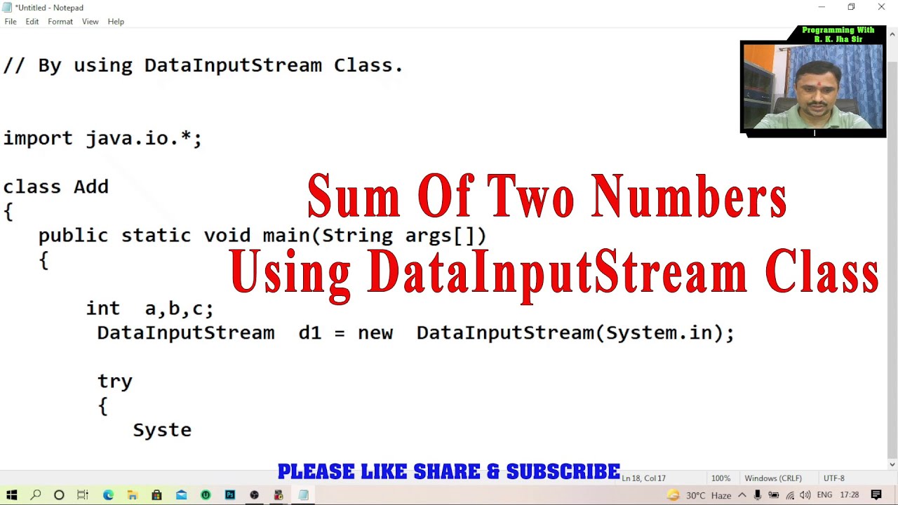 Sum Of Two Numbers Using Datainputstream Class In Java Youtube