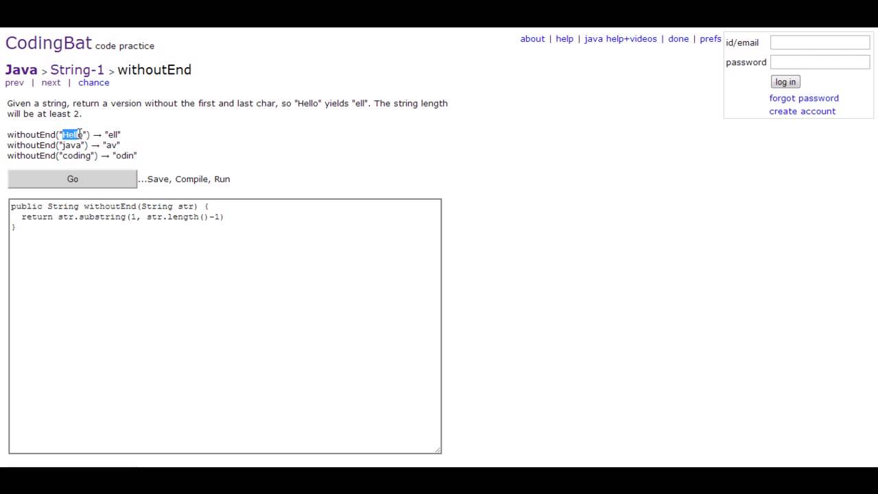 Coding Bat Java String Tutorial Withoutend Youtube