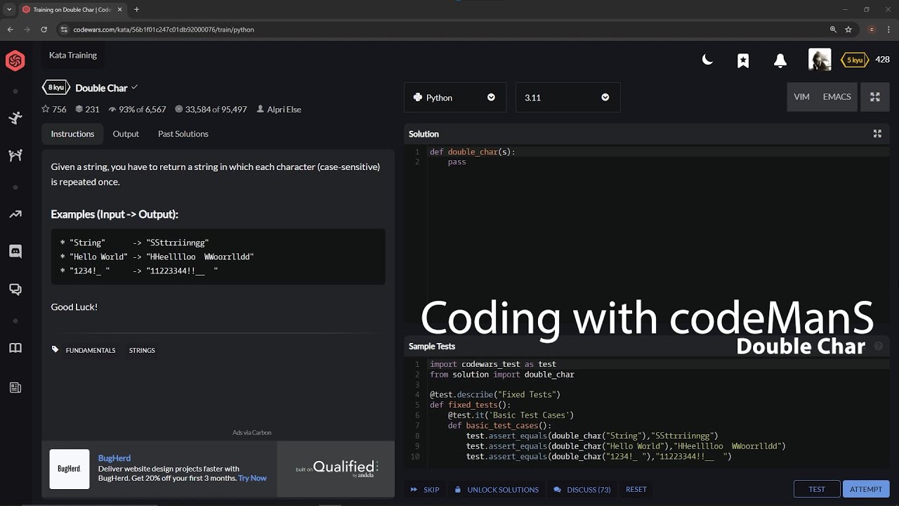 Codewars Python 8 Kyu Double Char Youtube