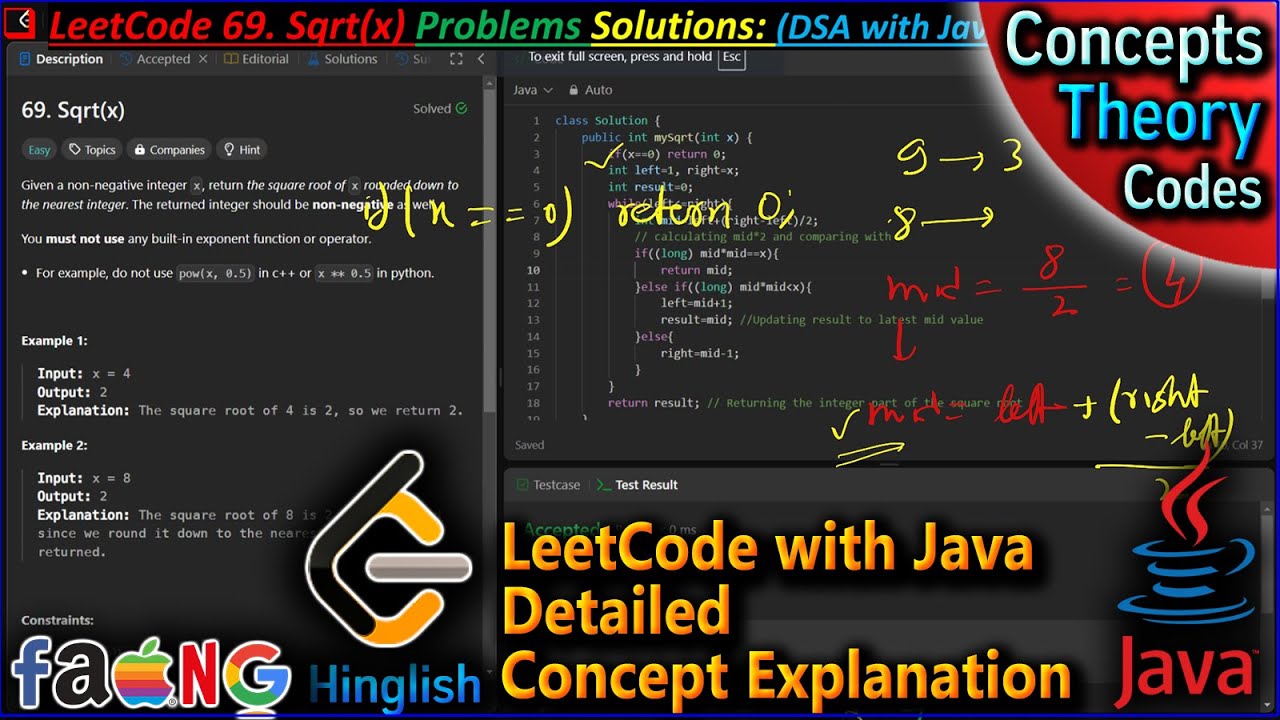Leetcode 69 Efficient Java Solution For Sqrt X Binary Search
