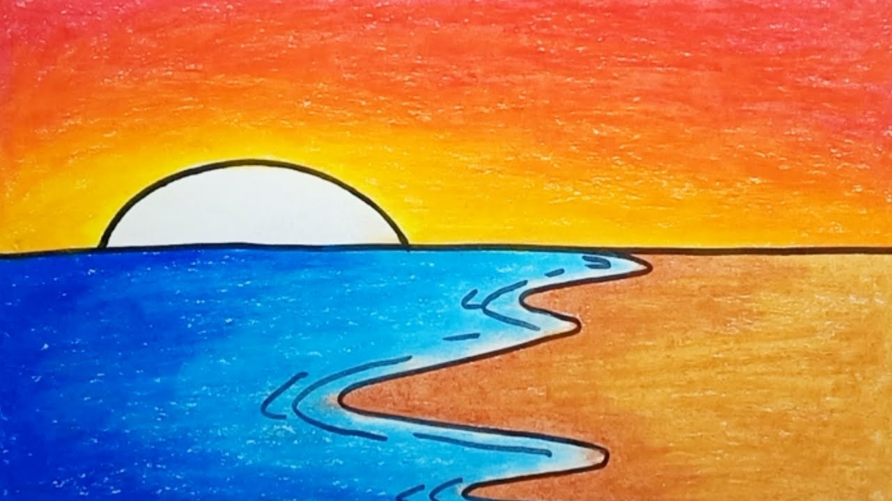 How To Draw Sunset Scenery Easy With Crayons Drawing Beach Scenery
