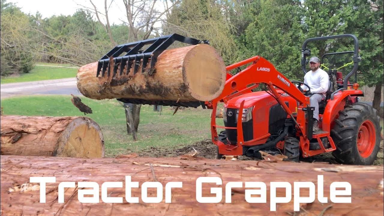123 Grapple On Kubota Tractor Loading Logs For Cordwood House Build