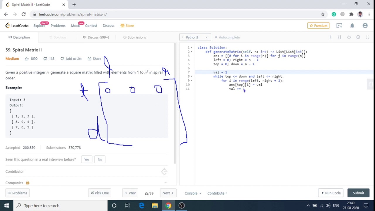 Spiral Matrix Ii Leetcode Solution Python Youtube