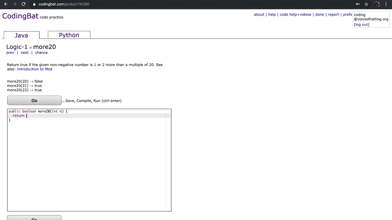 Logic 1 More 20 Java Tutorial Codingbat Youtube