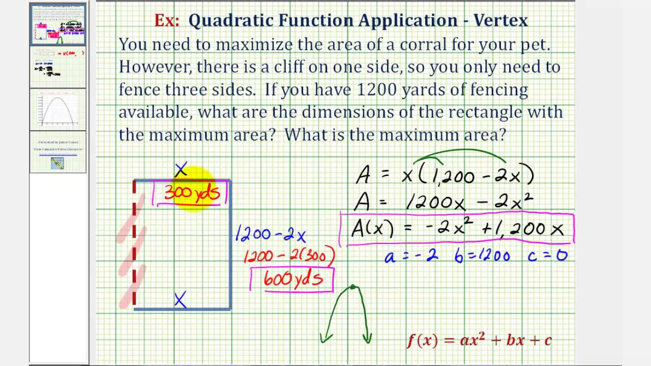Ex Quadratic Function Application Maximum Area Youtube