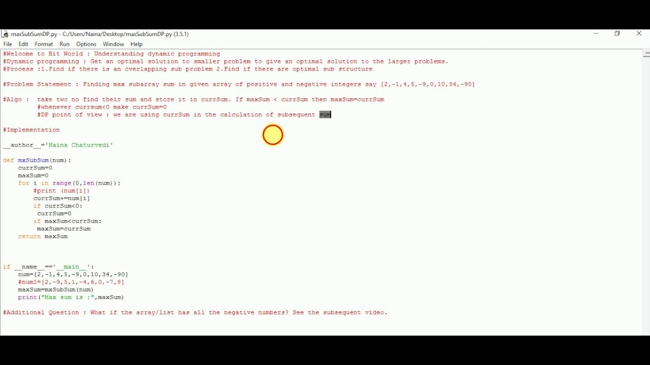 Dynamic Programming Max Subarray Sum Using Python Youtube