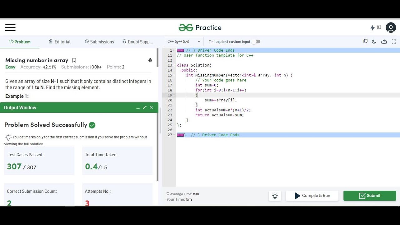Missing Number In Array Array Gfg Practice Youtube