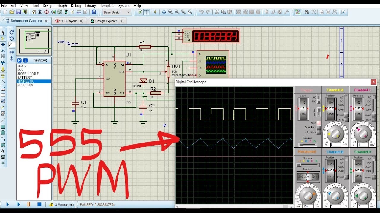 555 Timer Ic Pwm Pulse Width Modulation Generator Circuit On Proteus