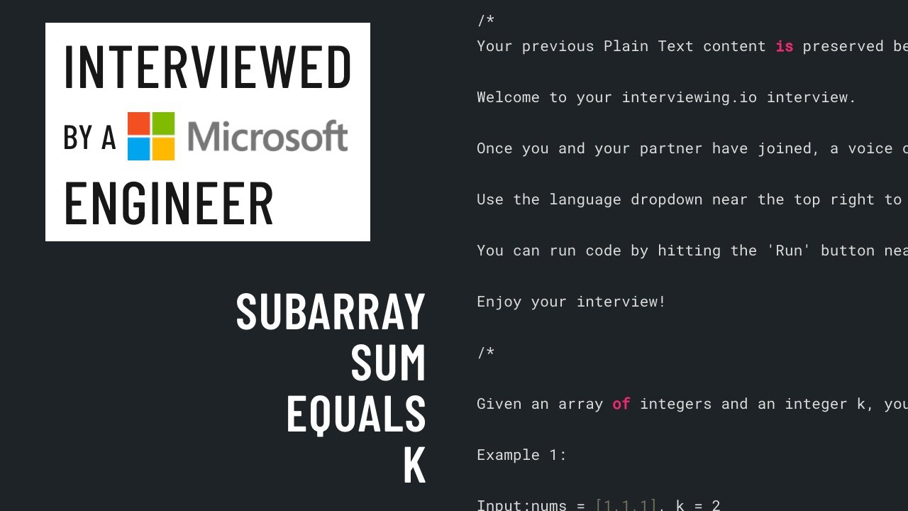 Javascript Interview With A Microsoft Engineer Subarray Sum Equals K