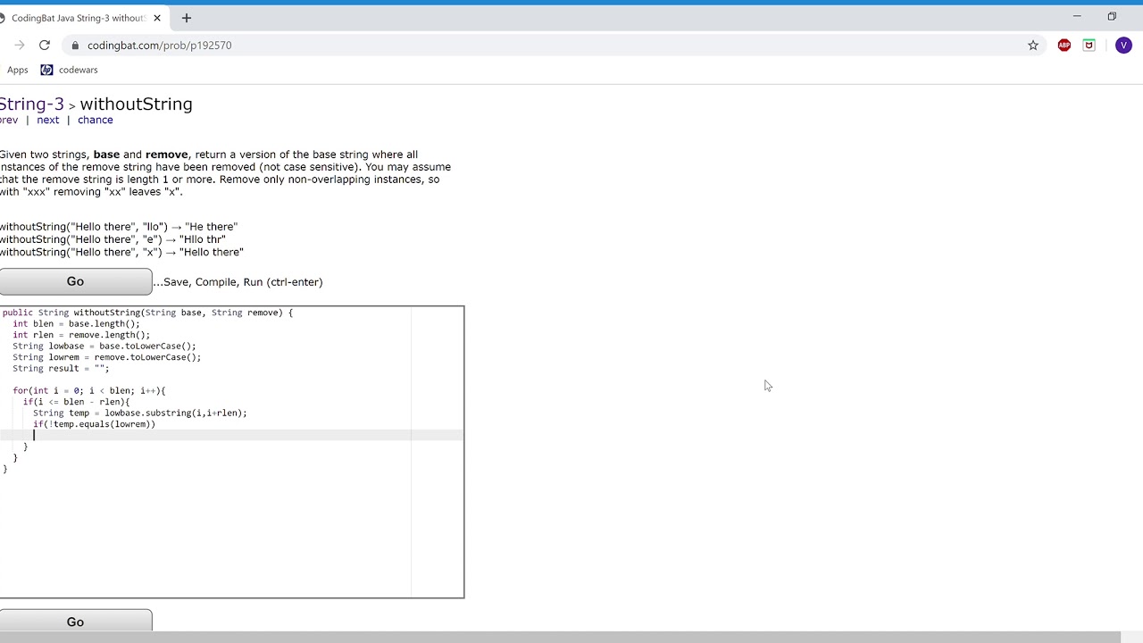 String 3 Withoutstring Java Tutorial Codingbat Youtube