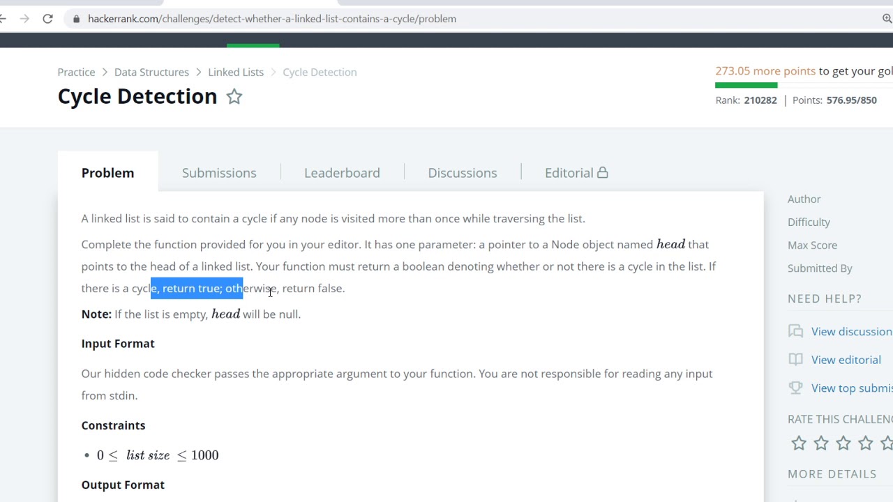 Cycle Detection In A Linked List Hackerrank Youtube