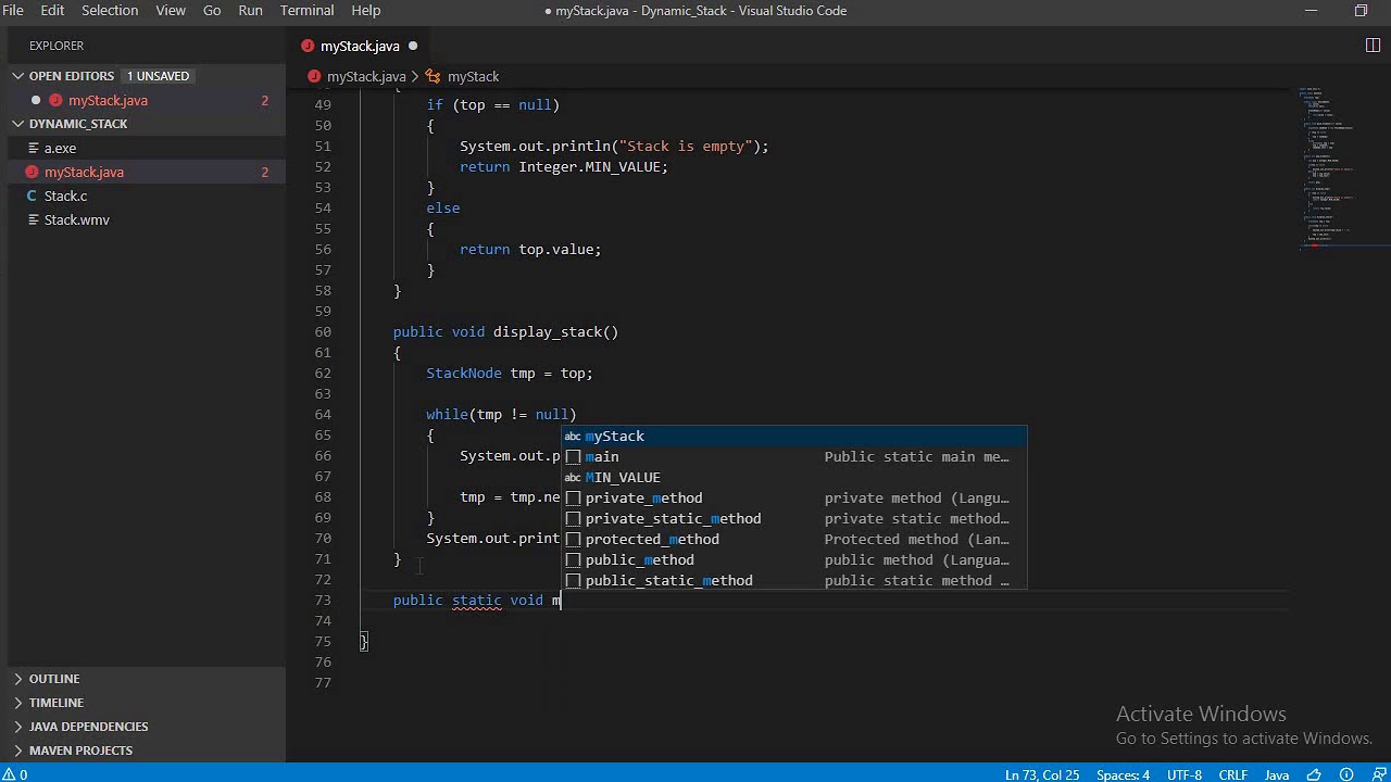 Dynamic Stack Implementation In Java Language Youtube