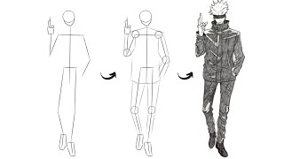 How To Draw Gojo Saturo Full Body Out Of Stick Man Easy Step By Step