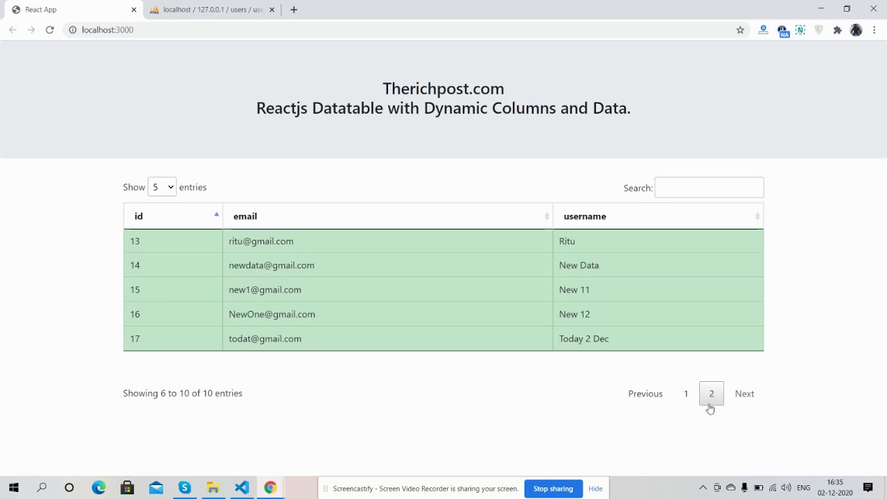 Reactjs Datatable With Dynamic Column And Data Working Demo Youtube
