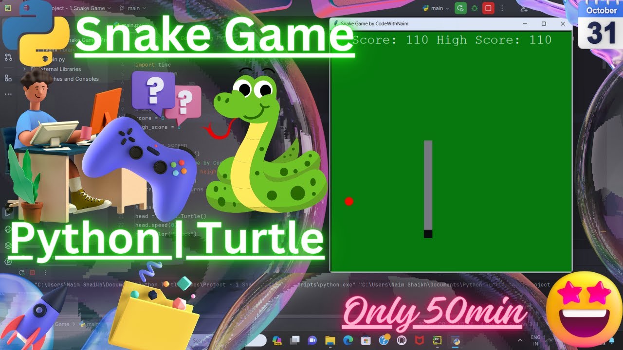 How To Make Snake Game Using Python Turtle Python Turtle Youtube