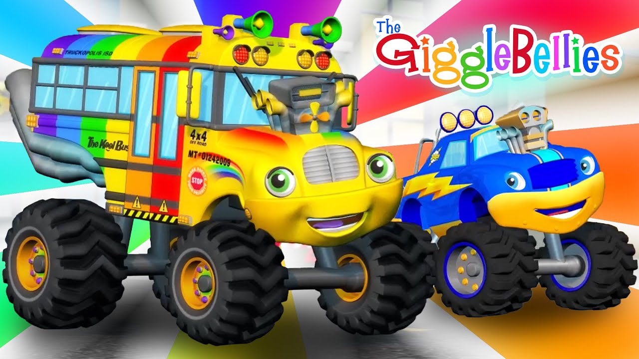 Rainbow Wheels On The Bus Learn Colors With Monster Trucks