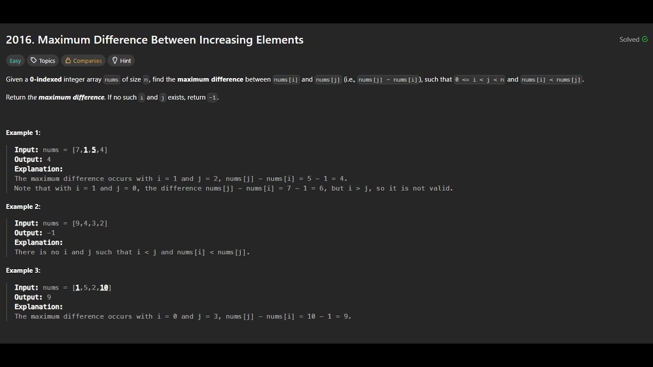 Leetcode 2016 Maximum Difference Between Increasing Elements Youtube