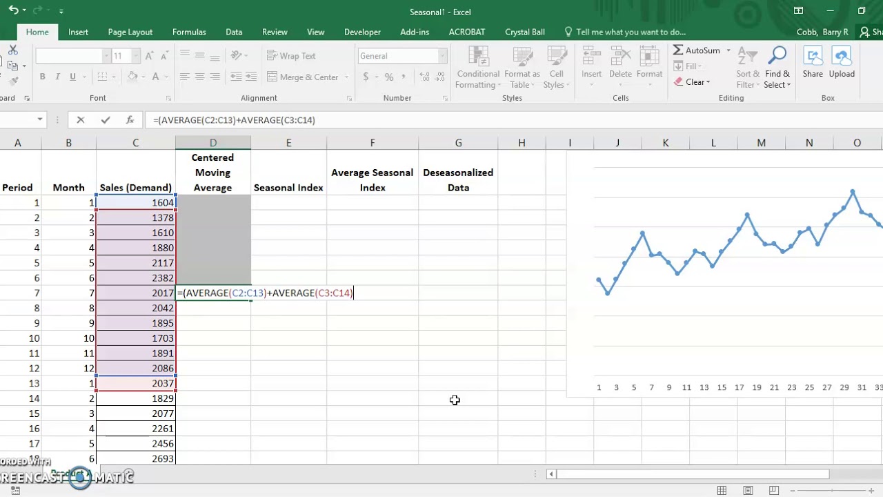 Deseasonalized Data With A Centered Moving Average Youtube