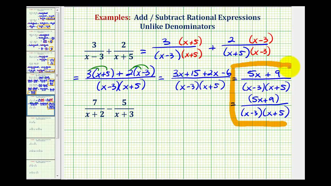 Ex 1 Add And Subtract Rational Expressions Unlike Denominators Youtube