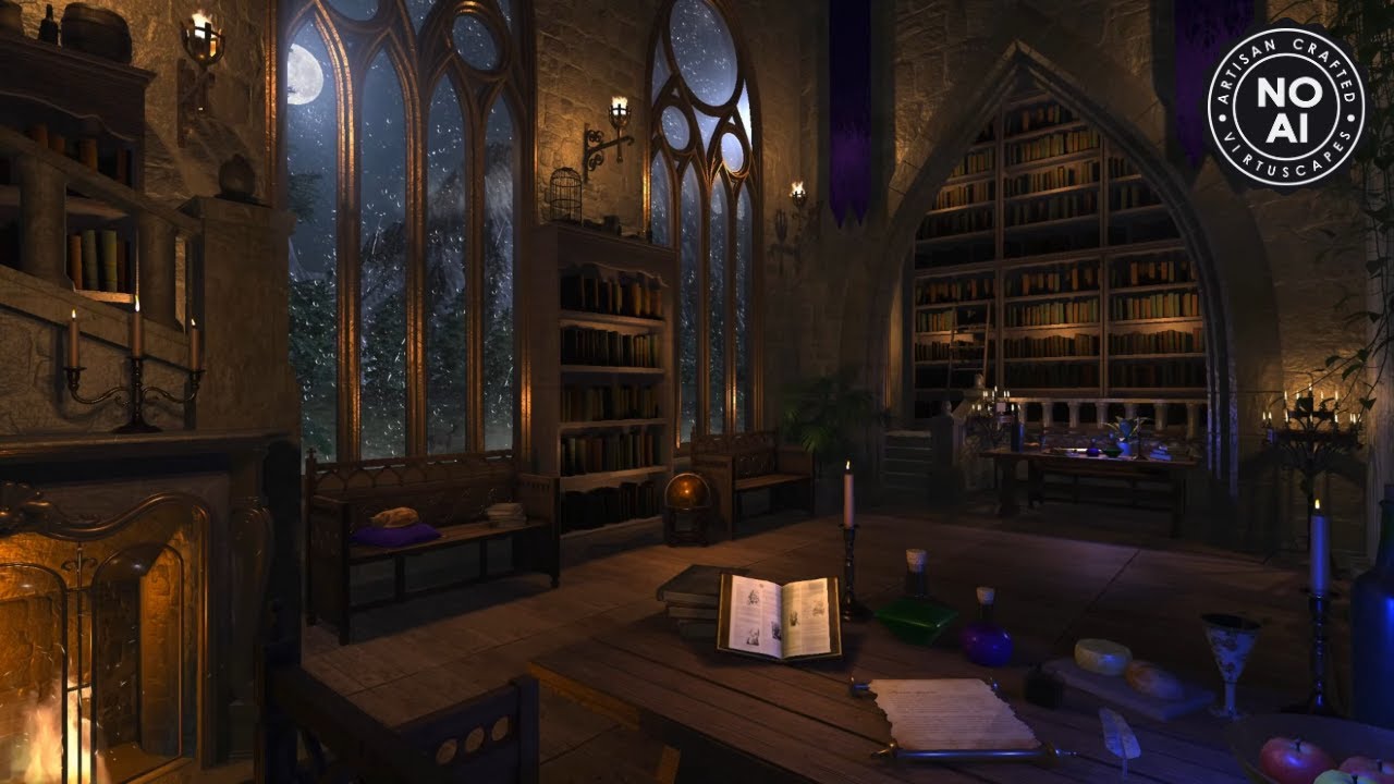 Medieval Library Rainy Night Ambience Fireplace Wind Rain