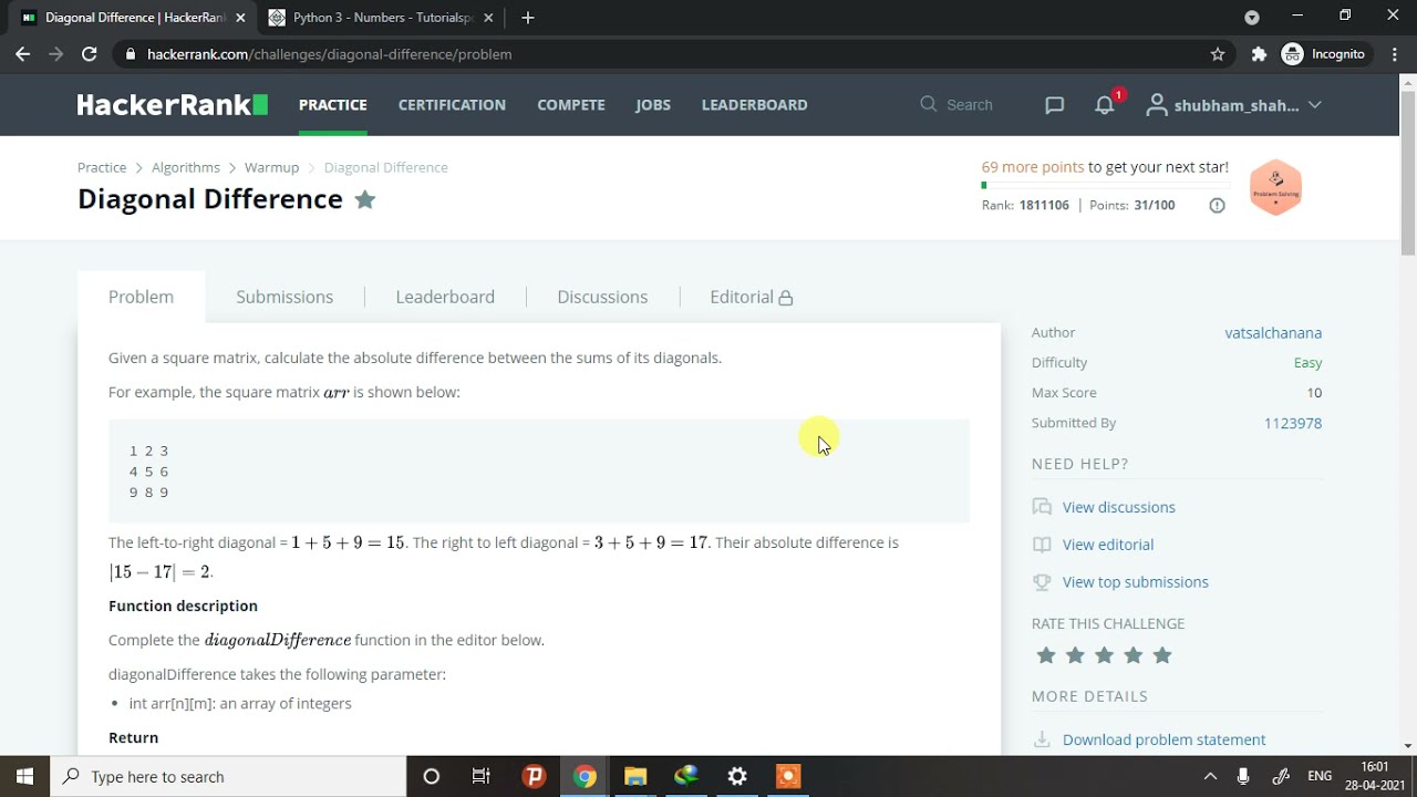 5 Diagonal Difference Problem Solving Hackerrank Python Youtube