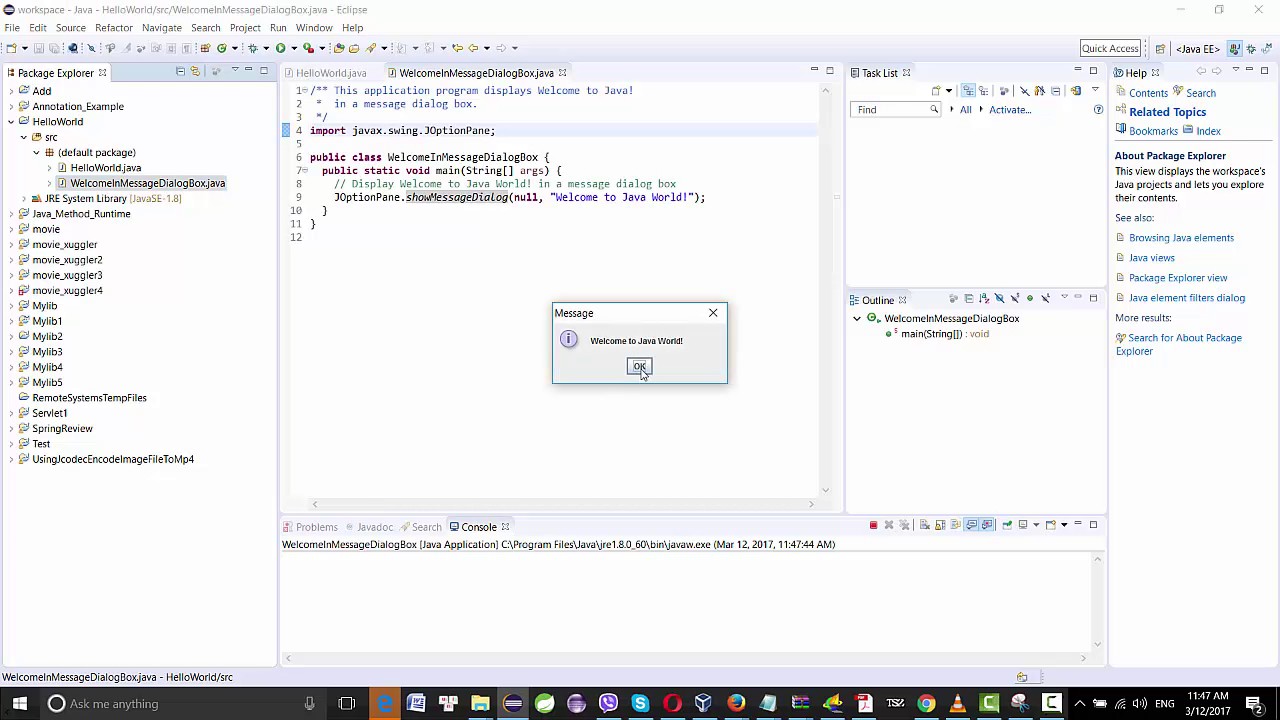 Java Example Displaying Text In A Message Dialog Box Youtube
