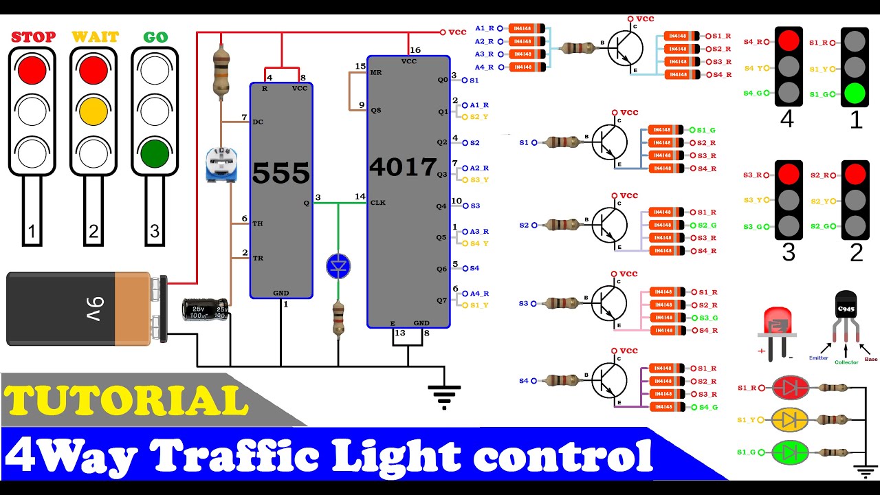 How To Make 4 Way Traffic Light Control Using 555 Timer And Cd4017 4