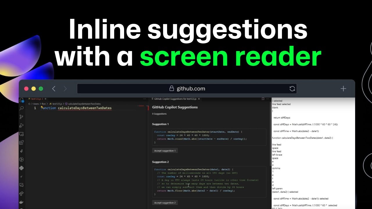 Using Github Copilot Inline Suggestions With A Screen Reader Tutorial