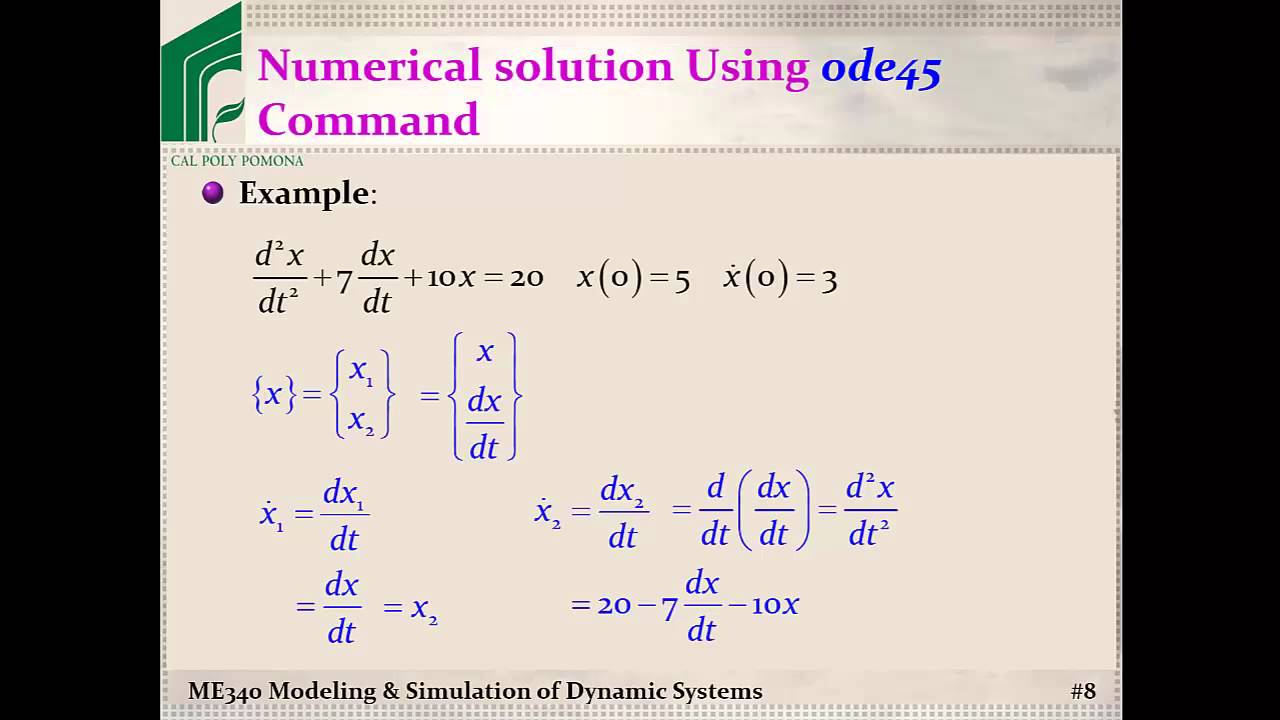 Me 340 Example Solving Odes Using Matlab S Ode45 Command Youtube