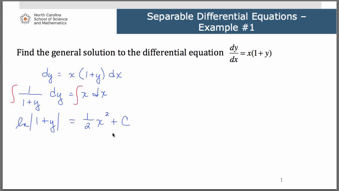 Solving Separable Differential Equations Example 1 Youtube