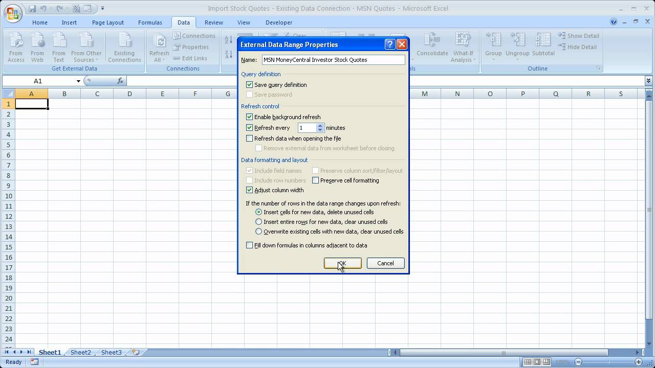 Finance In Excel 1 Live Stock Quotes In Microsoft Excel Msn