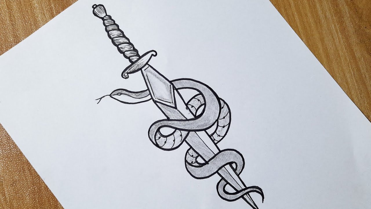 How To Draw A Sword With Snake Sword Tattoo Drawing Youtube